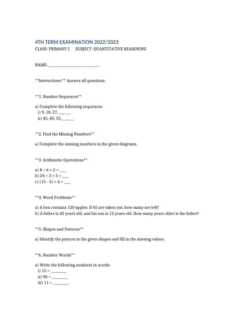 Primary5 Quantitative Reasoning Exam | PDF