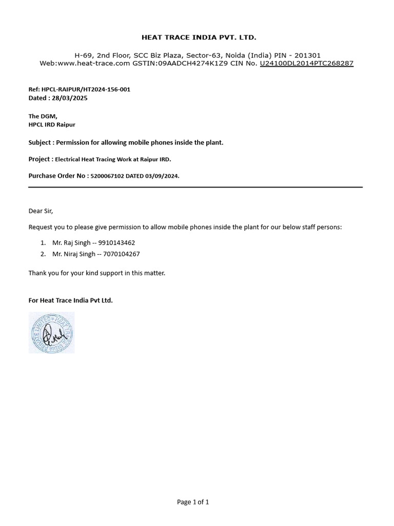 Letter-HPCL Raipur HT2024-156 | PDF