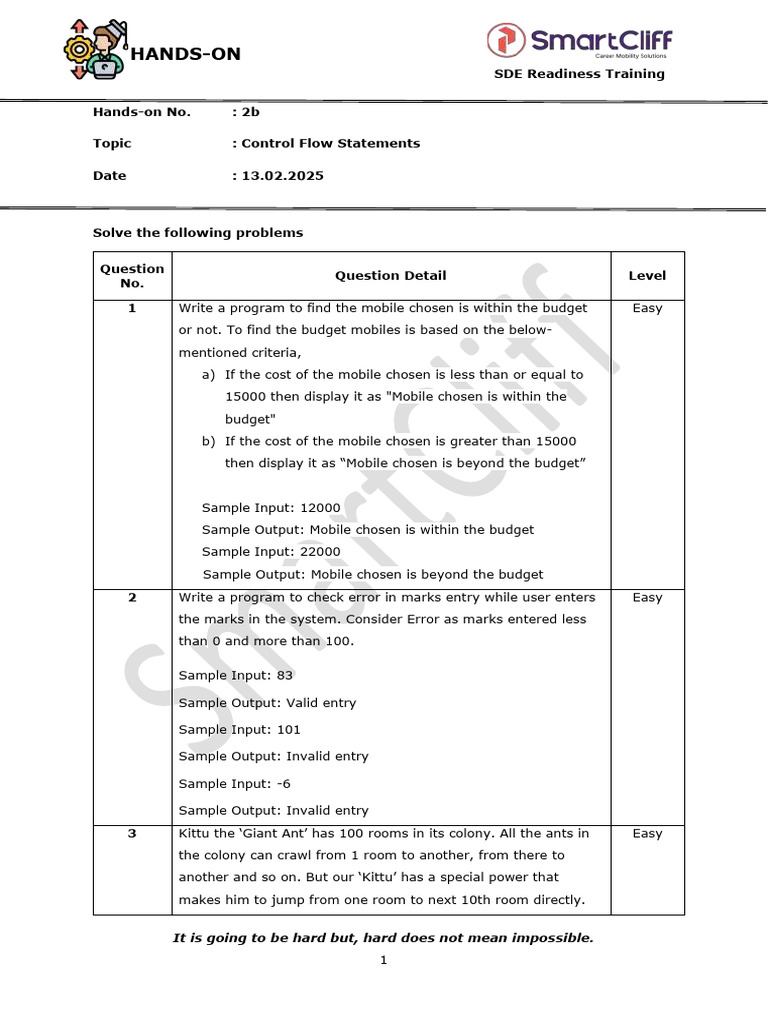 2b.hands-On - Control Flow Statements - Questions | PDF | Computer Programming