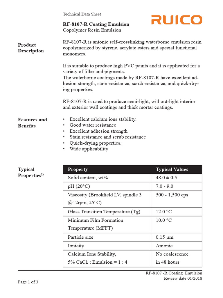 RF-8107-R Coating Emulsion Data Sheet | PDF | Paint | Building Engineering