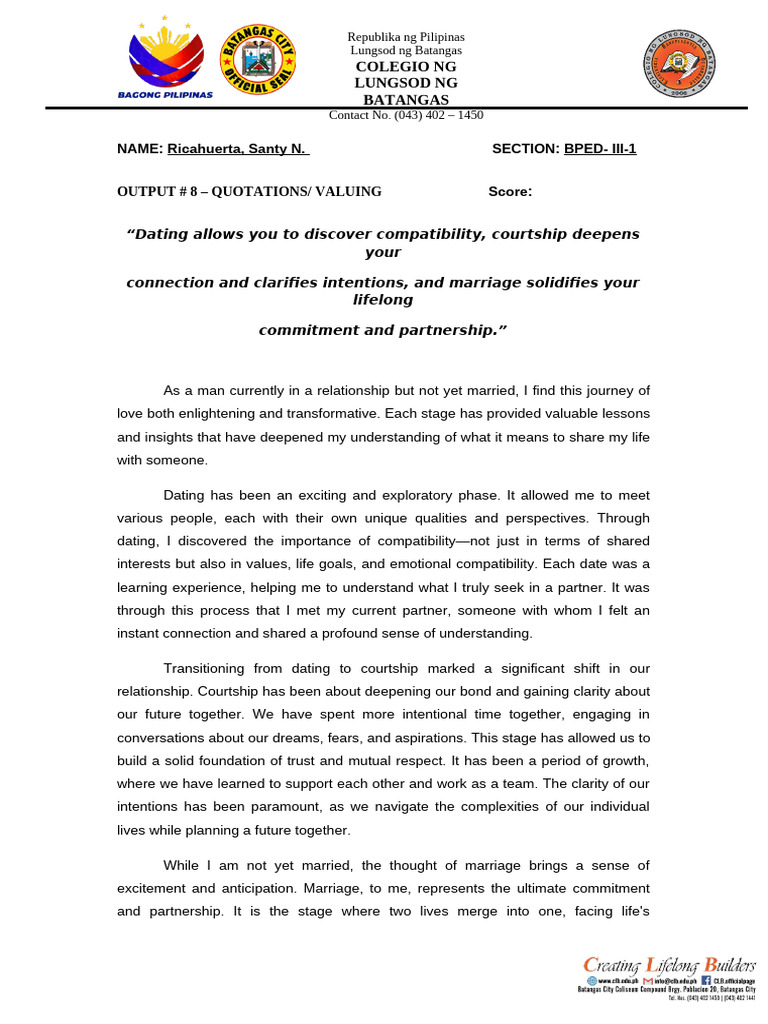 Activity-8-RICAHUERTA (QUOTATIONS) | PDF | Courtship | Psychological ...