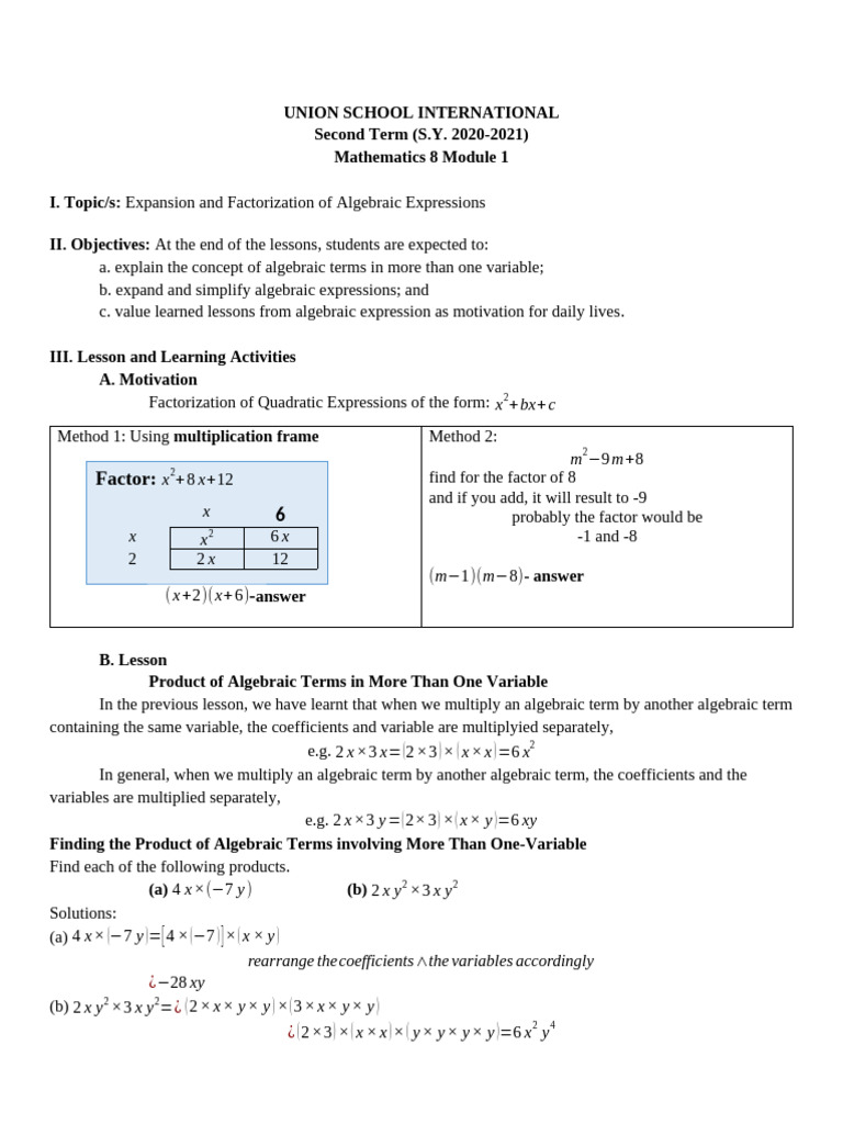 G8 Math Modules 1 4 2nd Term Revised | PDF | Equations | Algebra