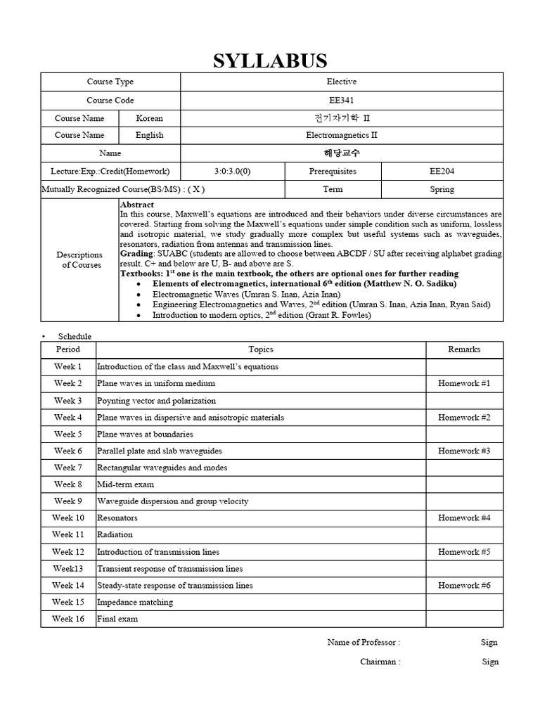 EE341 Electromagnetics2 Syllabus | PDF | Transmission Line | Waves