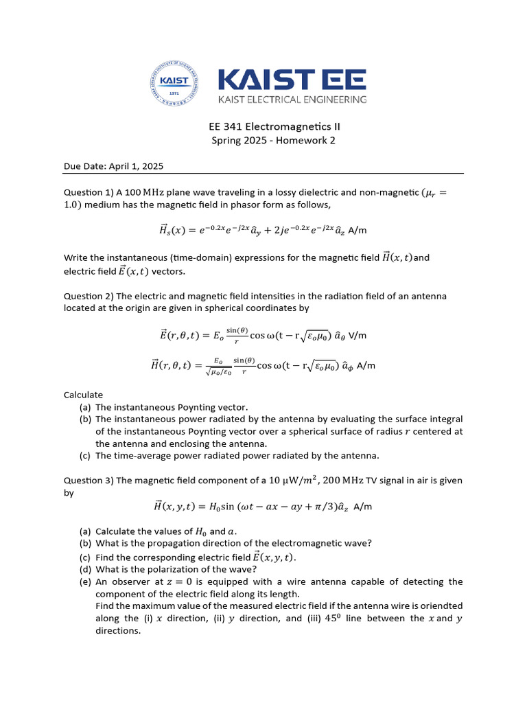 EE 341 Spring 2025 Homework 2 | PDF | Polarization (Waves) | Antenna (Radio)