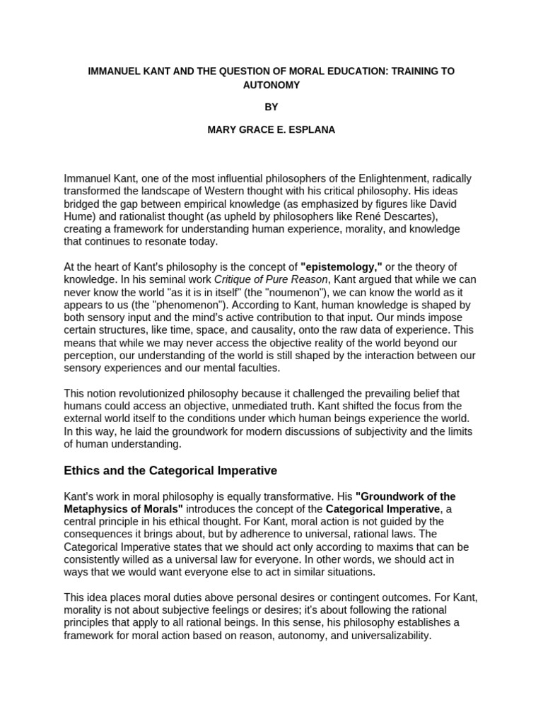 Kant's Philosophy of Moral Education | PDF | Immanuel Kant | Noumenon