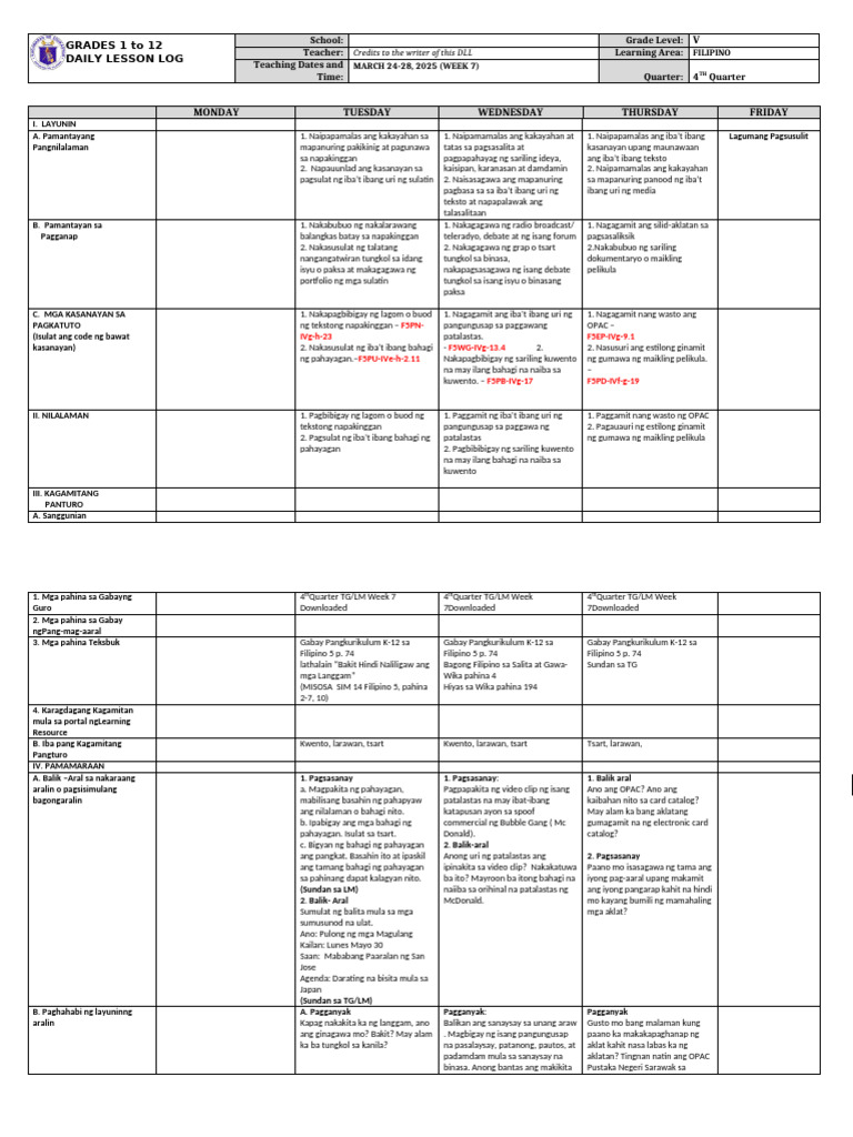 Grade 5 DLL FILIPINO 5 Q4 Week 7 | PDF