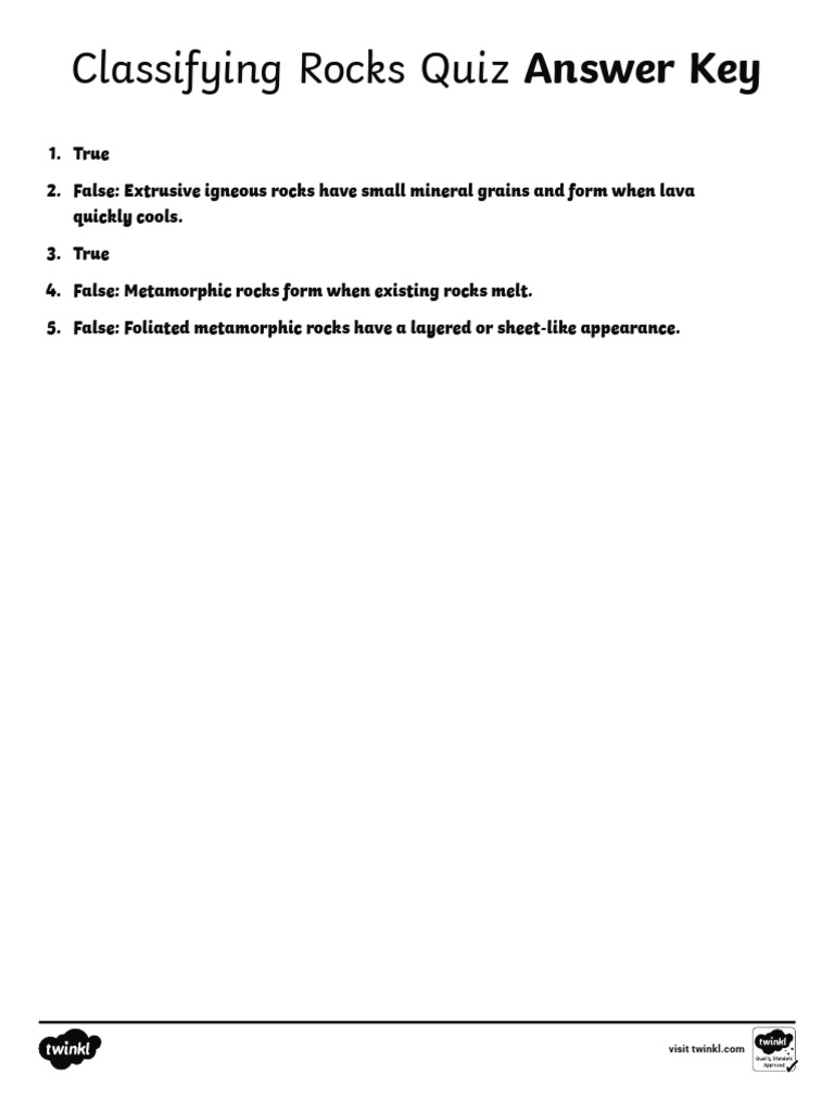 Answer Key Classifying Rocks True or False Quiz For 6th-8th Grade | PDF