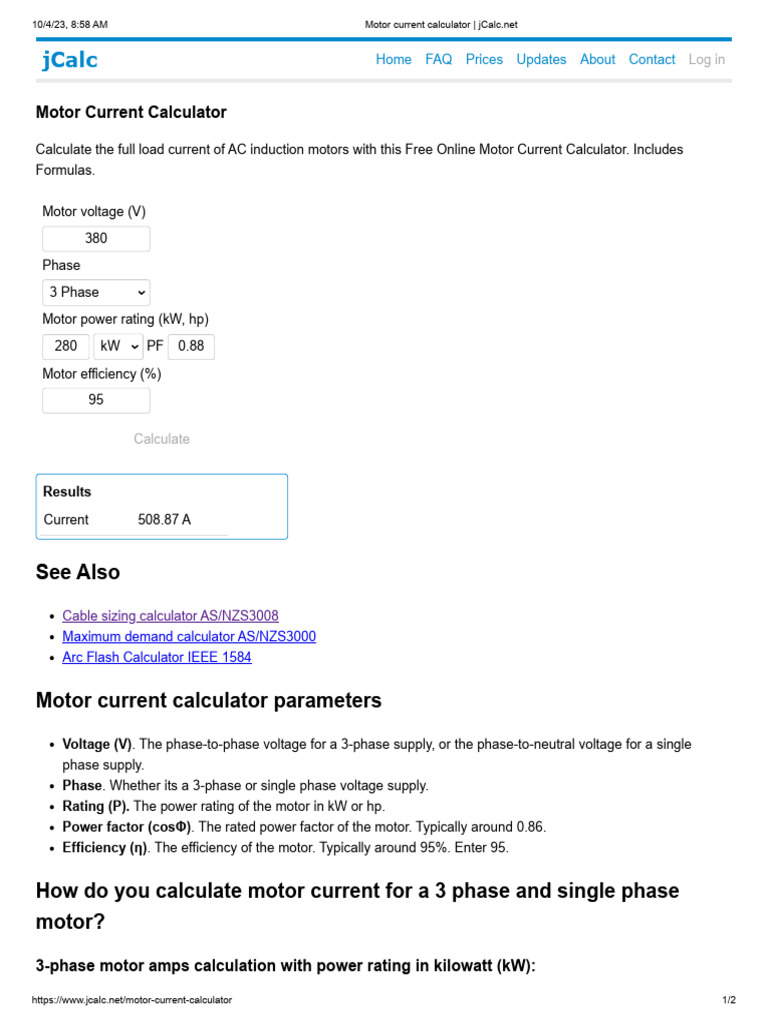 Motor Current Calculator | PDF | Manufactured Goods | Electric Power