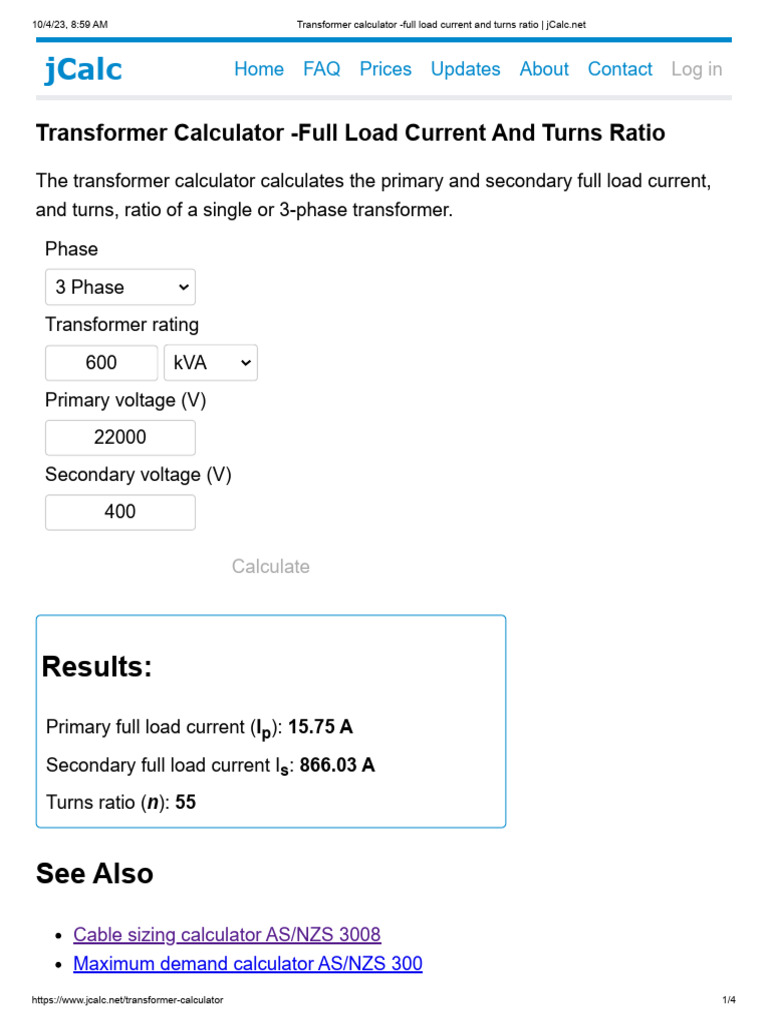 Transformer Full Load Current Calculator | PDF | Transformer | Power ...