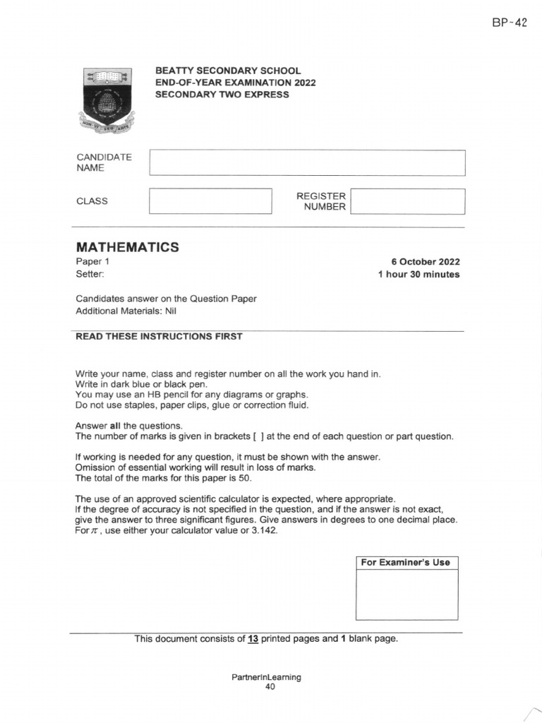 2022 Sec 2 Express Math EOY Beatty Secondary With Answer | PDF | Area ...