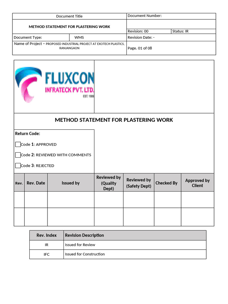 1 Wms-Method Statement For Plaster Work | PDF | Plaster | Mortar (Masonry)