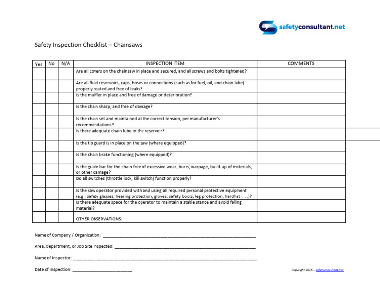 Safety Inspection Checklist Chainsaws | PDF