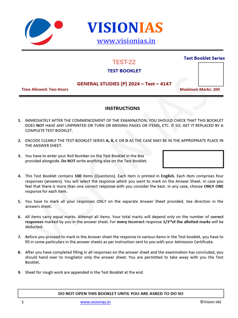 Vision Ias Prelims 2024 Test-22 (E) @upsc - Success - Time1 | PDF ...