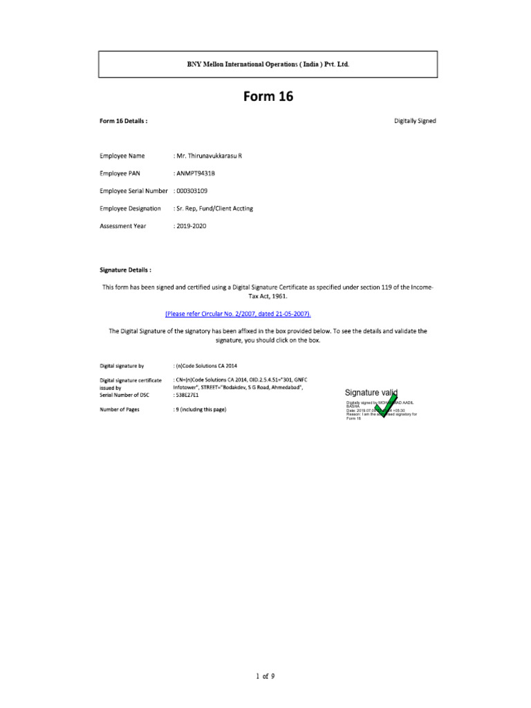 BNY Mellon Form 16 TDS Certificate 2019 | PDF | Tax Deduction | Public ...