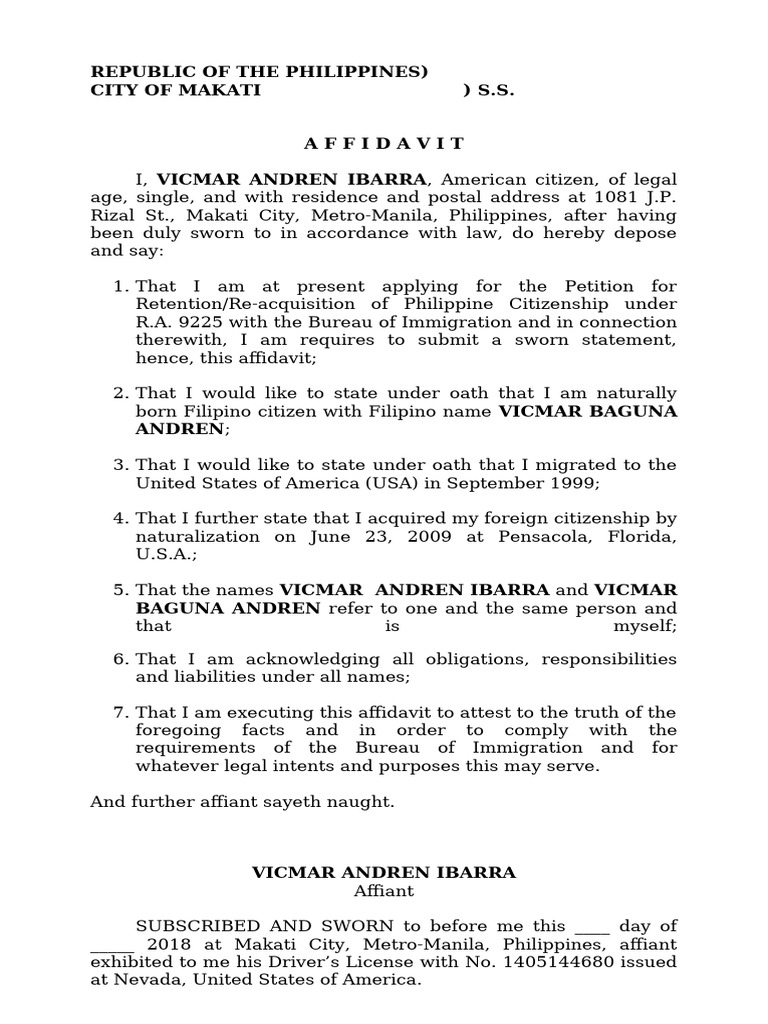 Affidavit Dual by Affiant Ra 9225 | PDF | Affidavit | Naturalization