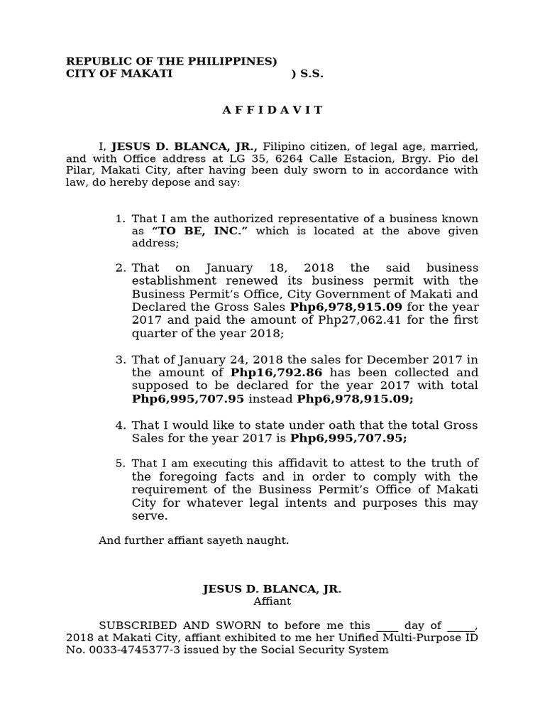 Affidavit Declaration Gross Sales | PDF
