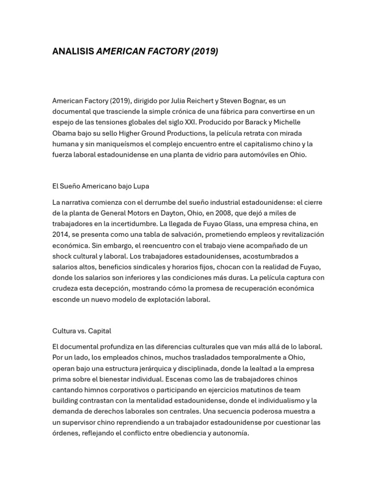 Análisis del Documental American Factory | PDF | Los Estados Unidos | China
