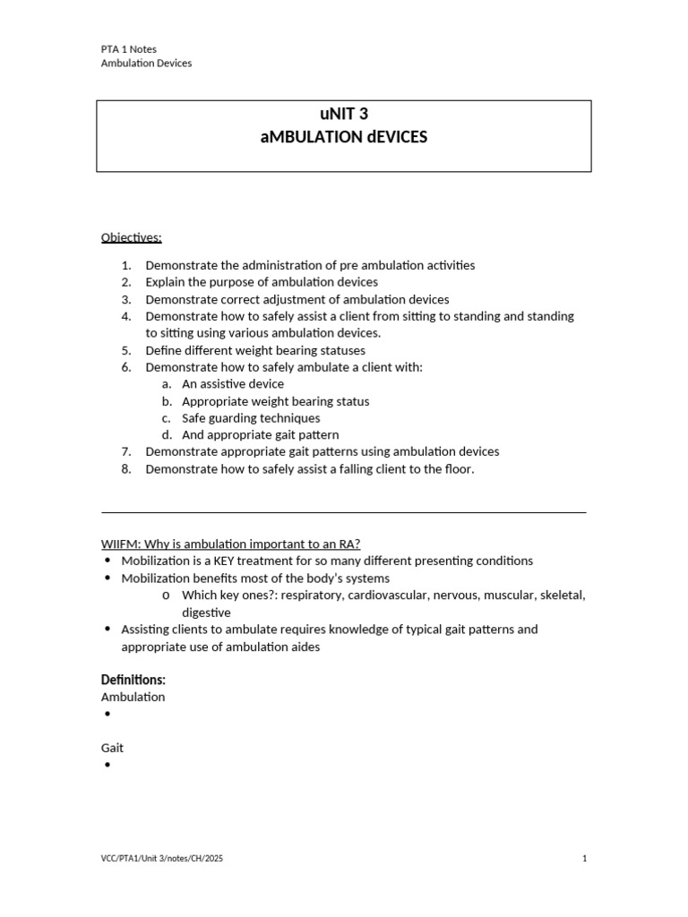 PTA1 2025 Unit 3 Ambulation Notes | PDF | Walking | Elbow