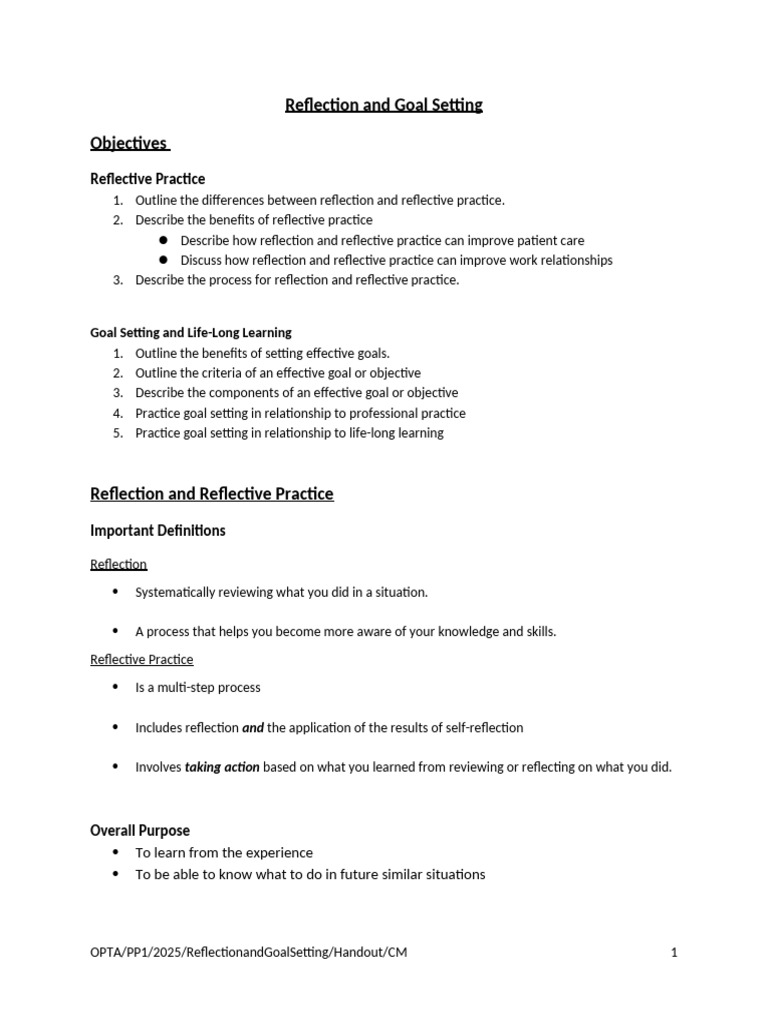 PP1 2025 ReflectionGoal Setting Handout | PDF | Reflective Practice ...