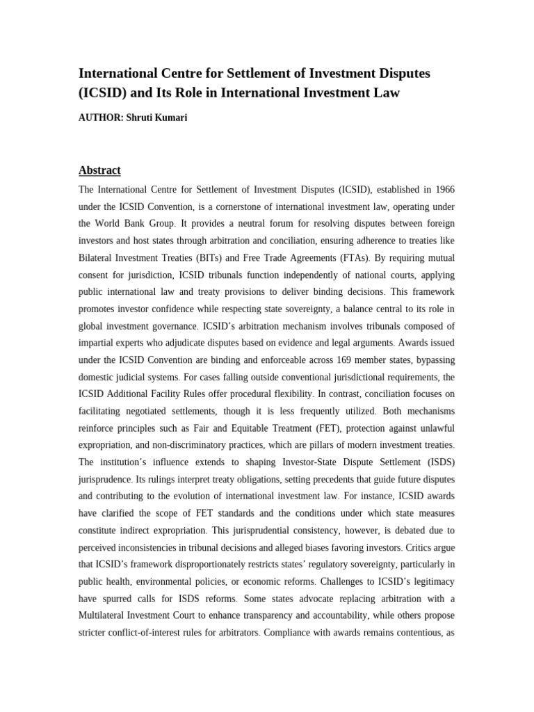 ICSID - Research - Paper Shruti Kumari | PDF | Arbitration | International Law