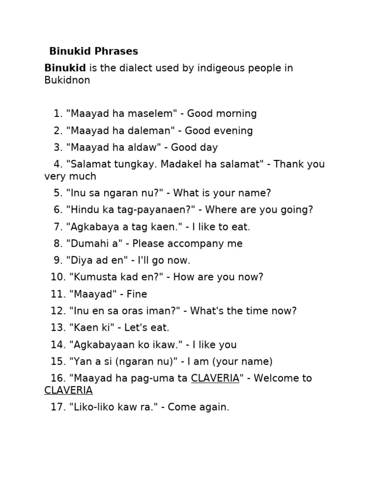 Binukid Phrases | PDF