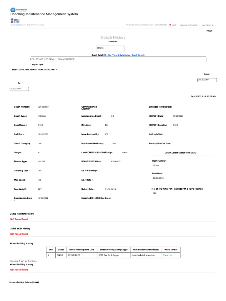 EC LWLRRM CMM - Coach Defect History | PDF | Rolling Stock | Rail Transport