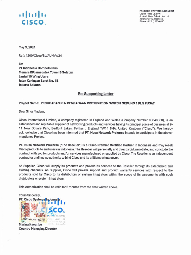 1200-1201 Surat Dukungan Cisco Nusa Network Prakarsa For PLN ICON+ | PDF