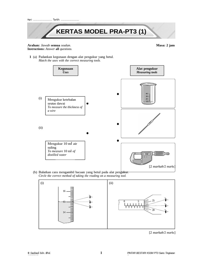 Kertas Model Pra Pt3 1 Modul Aktiviti Pintar Bestari Sains Tingkatan 11 | PDF