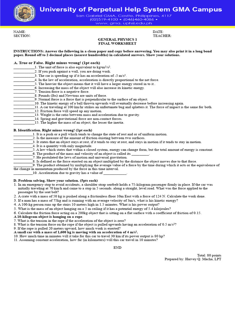 Phys1_Fin_Worksheet_sem1_2024.docx | PDF | Force | Mass