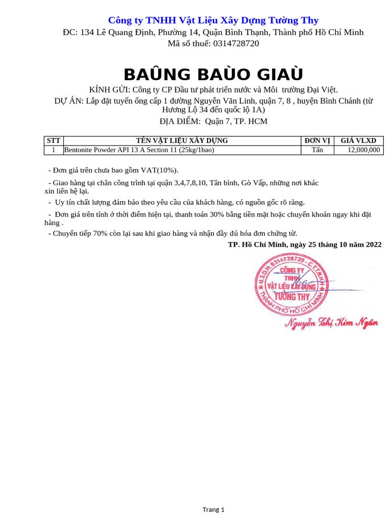 Báo Giá Bentonit - Tư NG Thy | PDF