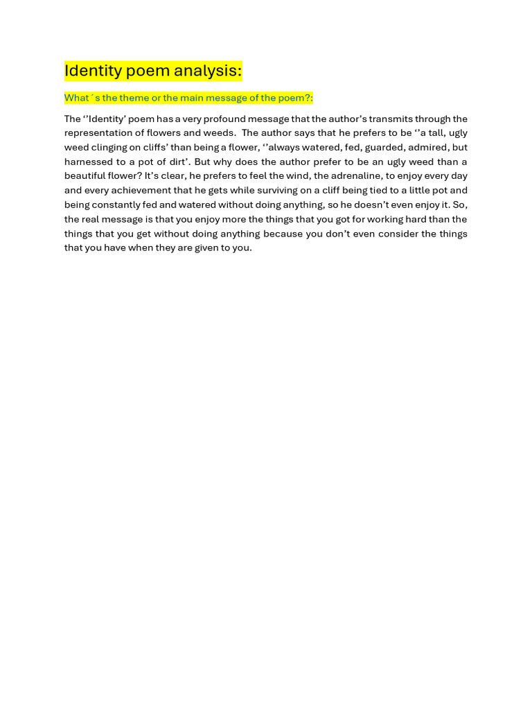 Identity Poem: Theme and Analysis | PDF