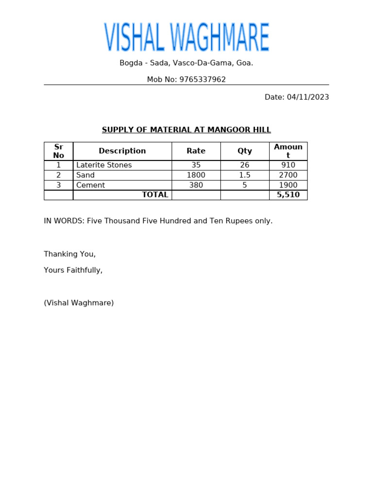 Material Supply Quotation by Waghmare | PDF
