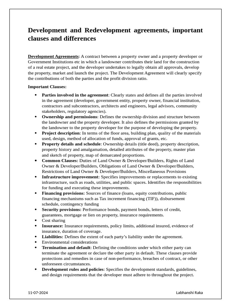 Development and Redevelopment Agreements, Important Clauses and ...