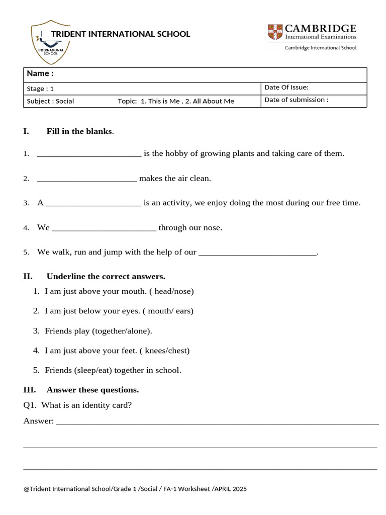 Stage -1 Social worksheet -1 | PDF