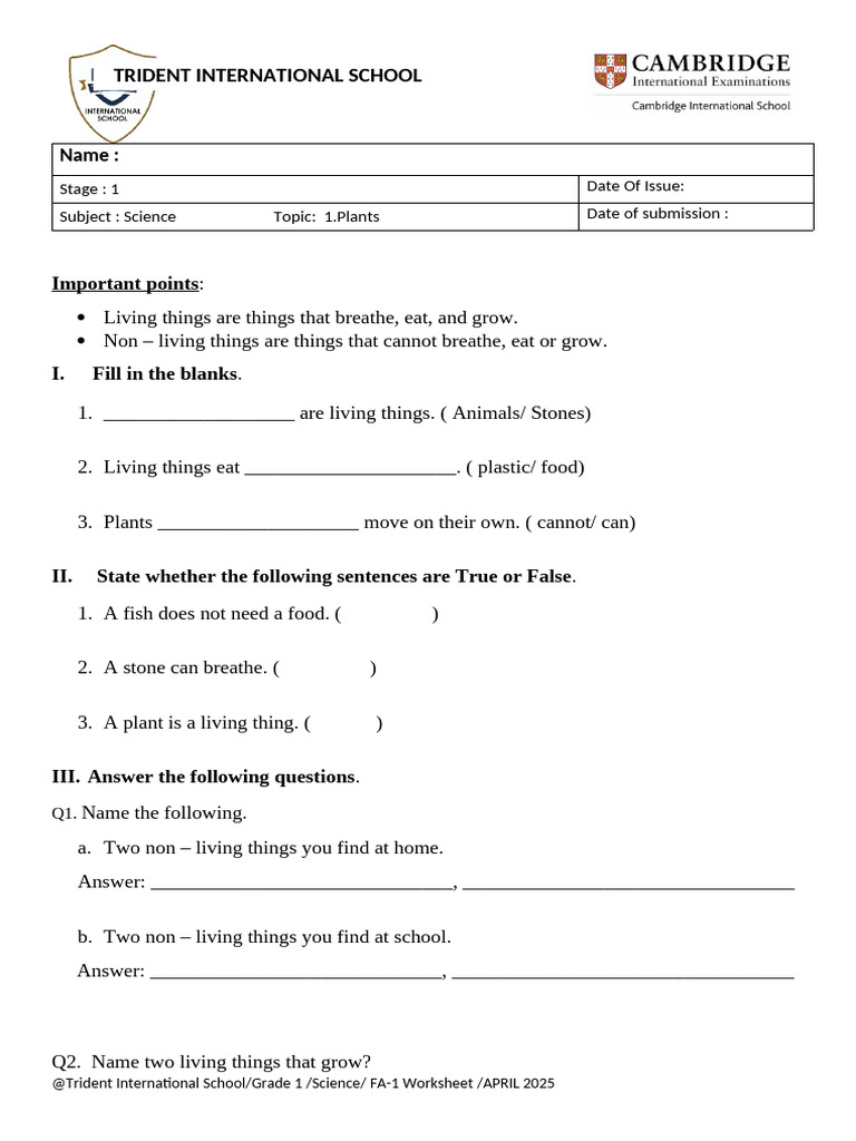 Stage -1 Science worksheet -1 | PDF