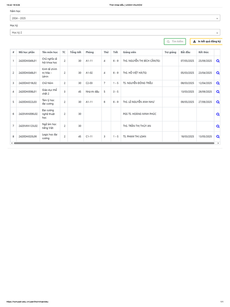Thời khóa biểu - USSH-VNUHCM | PDF