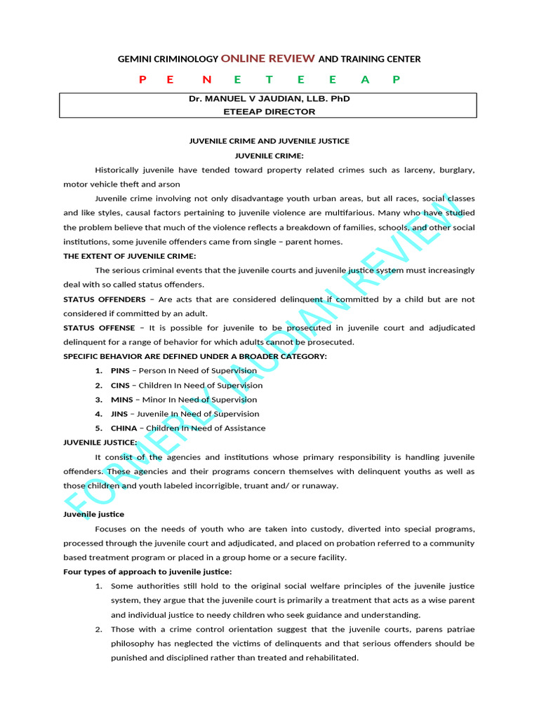 Juvenile Delinquency Notes | PDF | Juvenile Delinquency | Juvenile Court