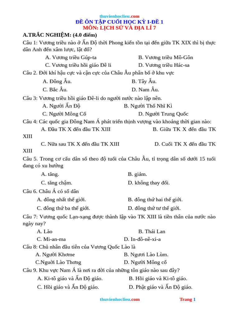 Thuvienhoclieu.com de on Thi HK1 LS Dia Li Nam 2022 2023 de 1 | PDF