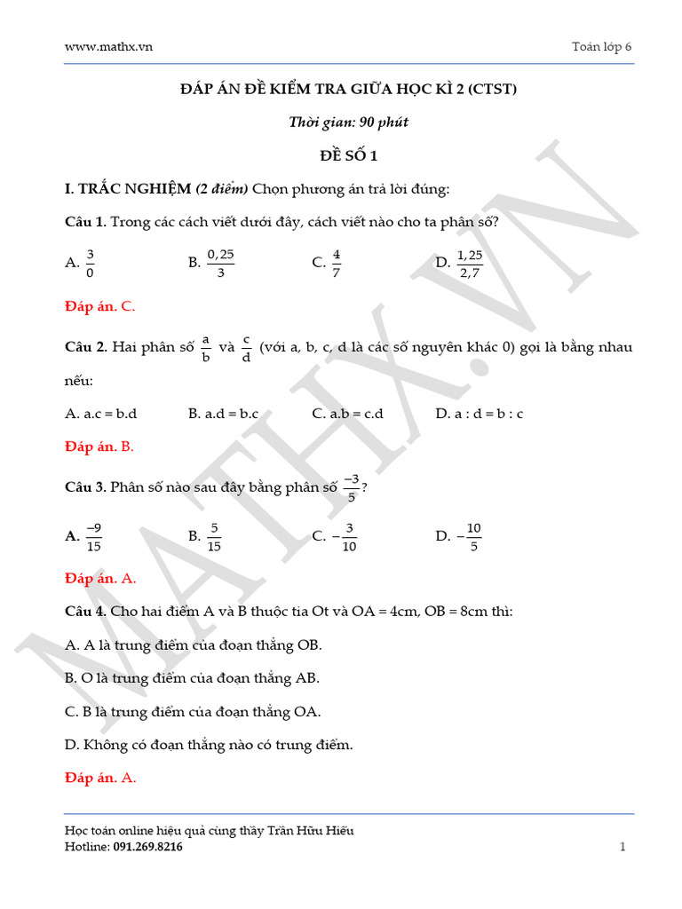 Đề Kiểm Tra Giữa Học Kì 2 Lớp 6 - đáp Án Ctst | PDF