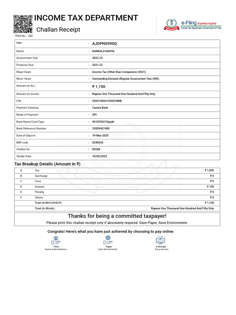 Income Tax Department: Challan Receipt | PDF | Taxes | Economies