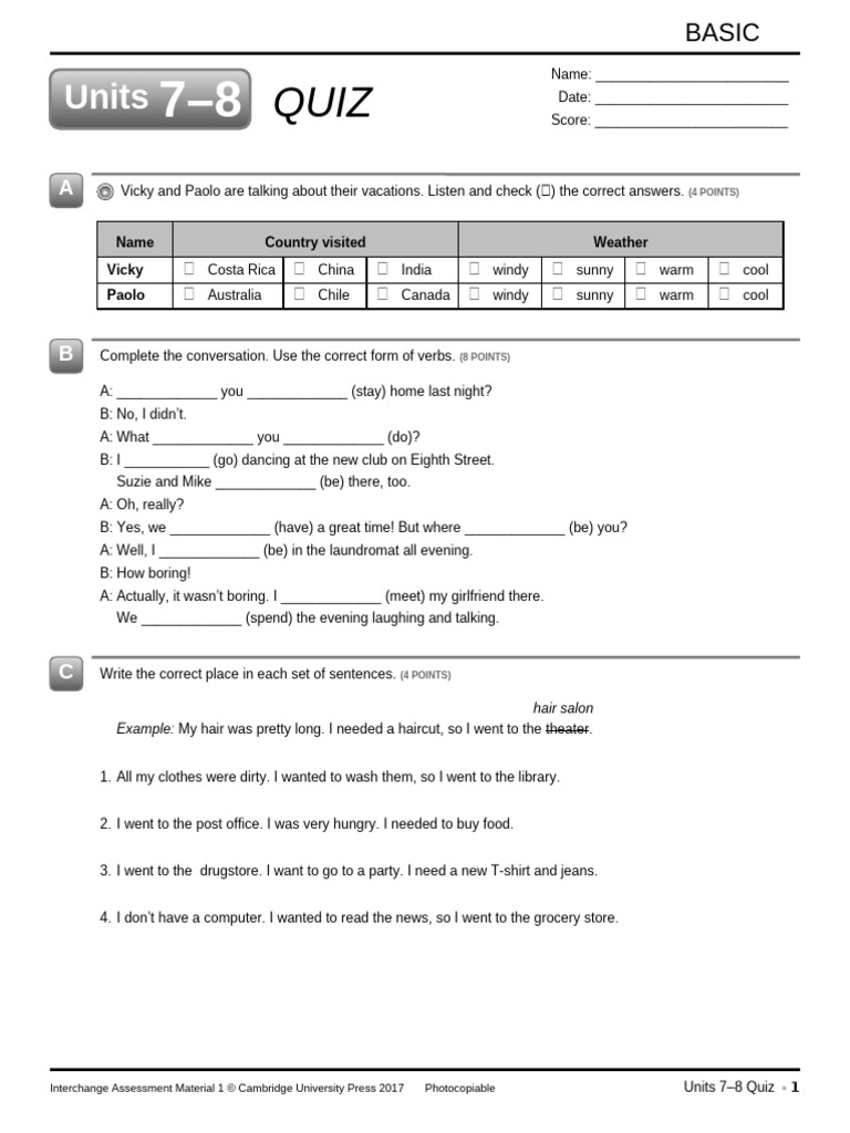 Units 7-8 Vacation Quiz and Activities | PDF | Linguistics | Grammar