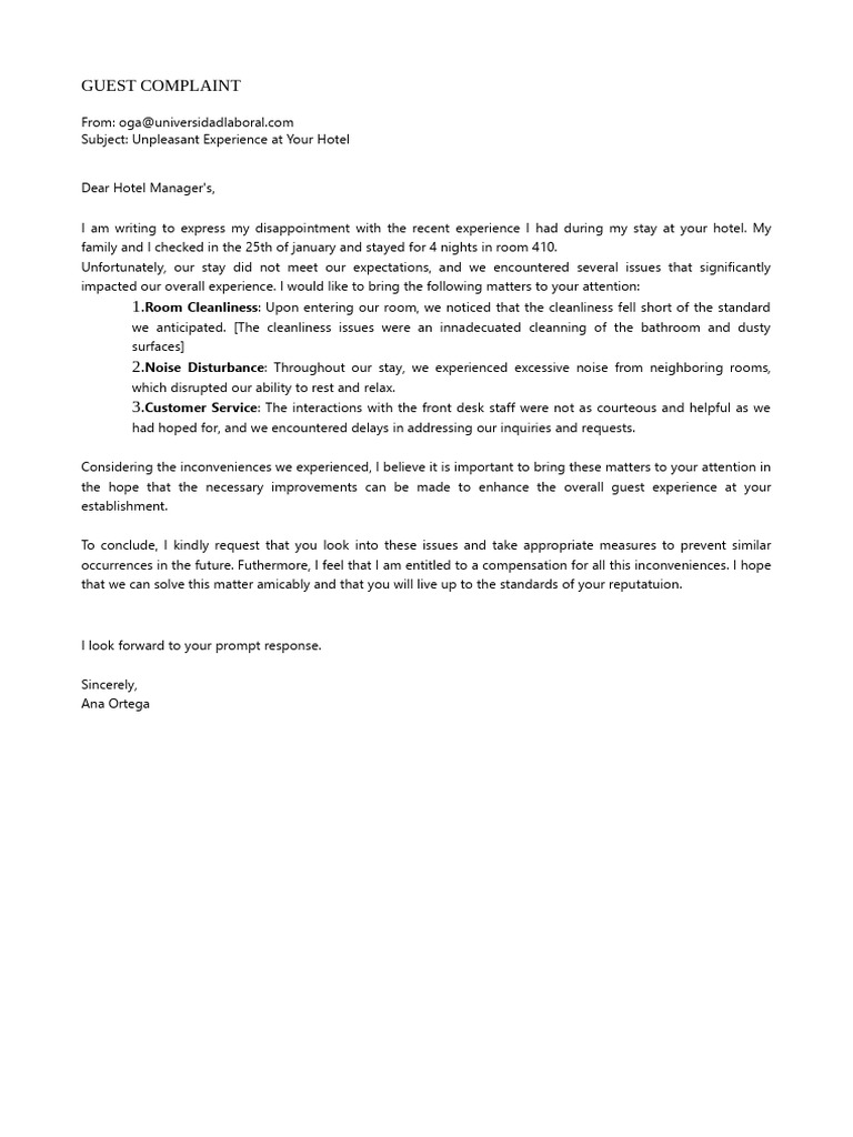 Guest Complaint Letter | PDF