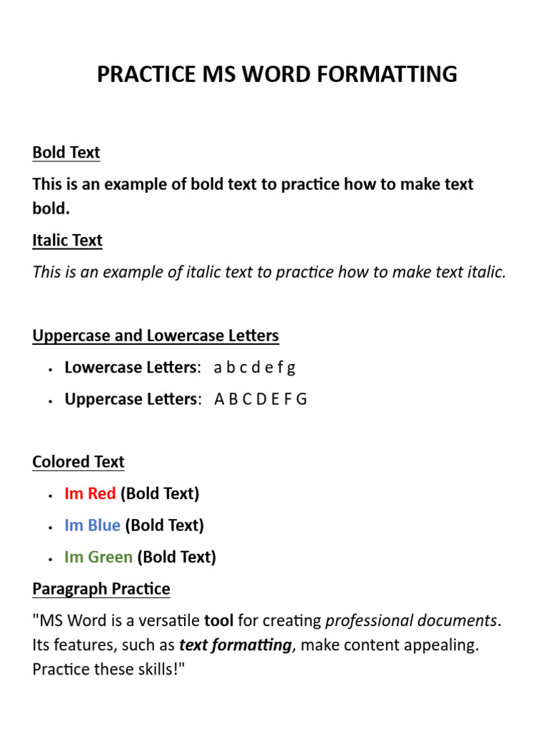 MS Word Formatting Practice Guide | PDF