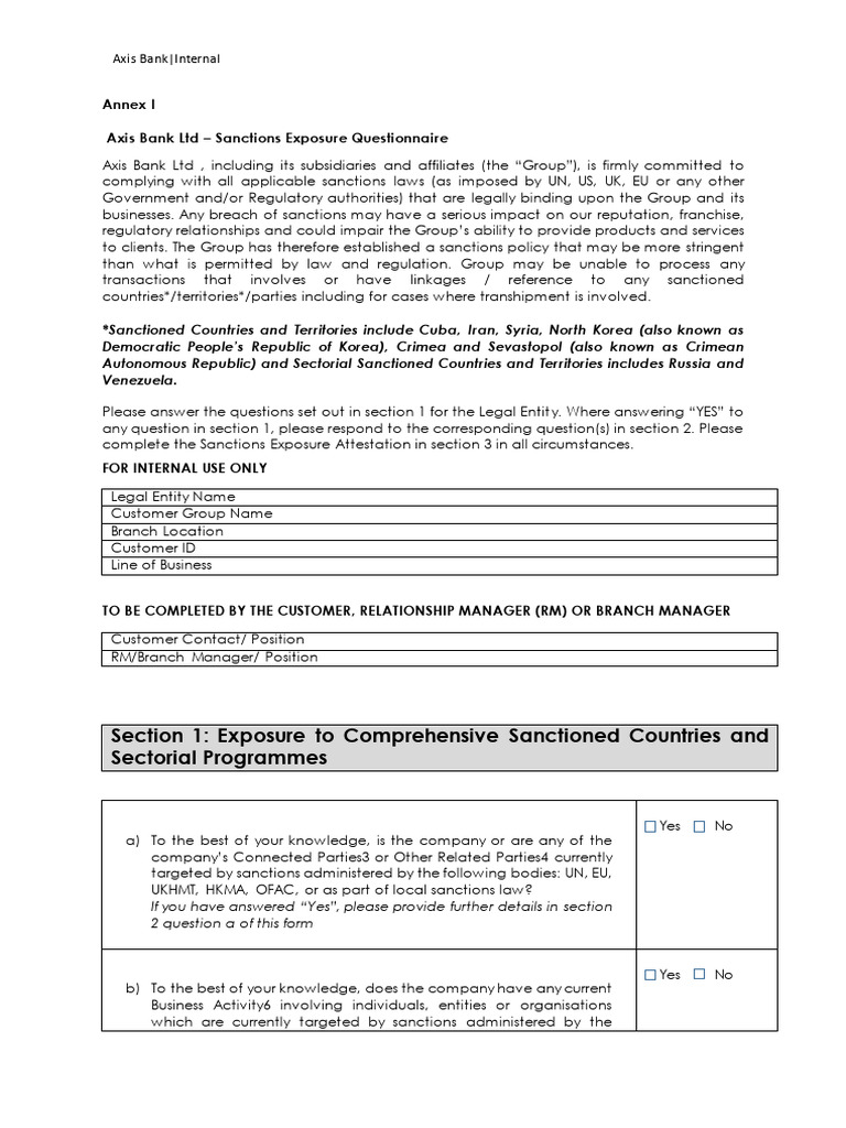 Annexure I Sanctions Onboarding Questionnaire | PDF | Banks | Private Law