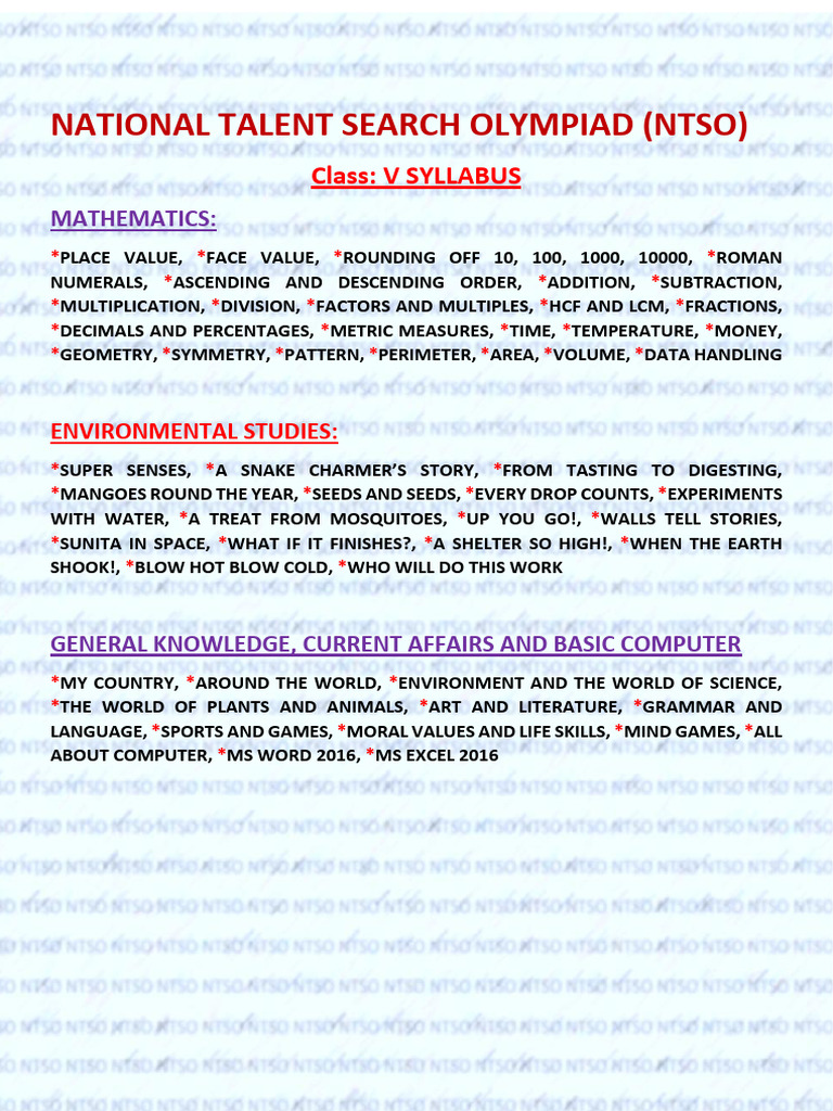 National Talent Search Olympiad (Ntso) : Class: V Syllabus | PDF