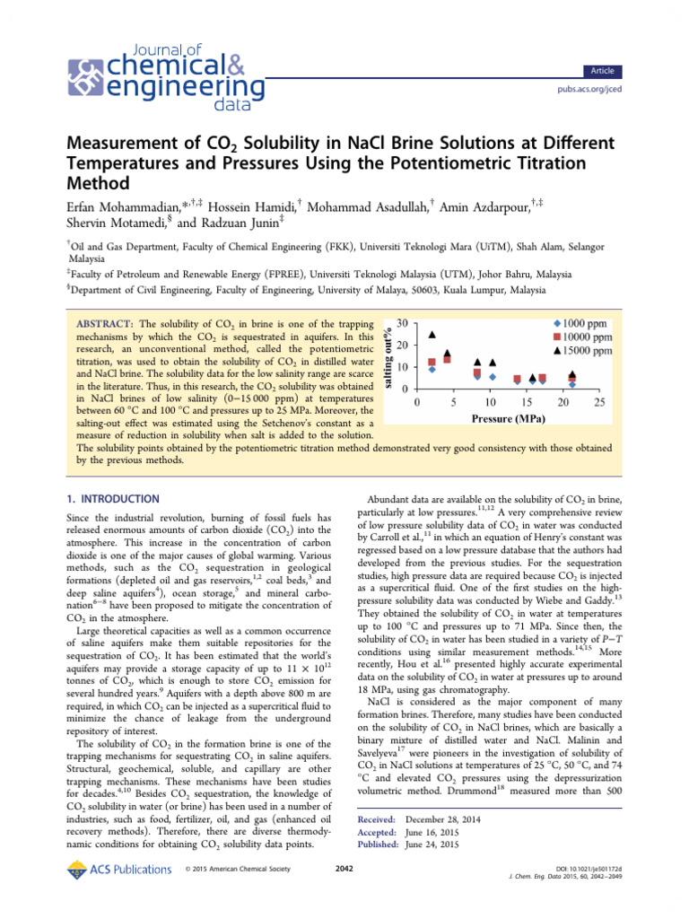 Measurement of CO 2 Solubility in NaCl Brine Solutions at Di Erenttemperatures and Pressures ...