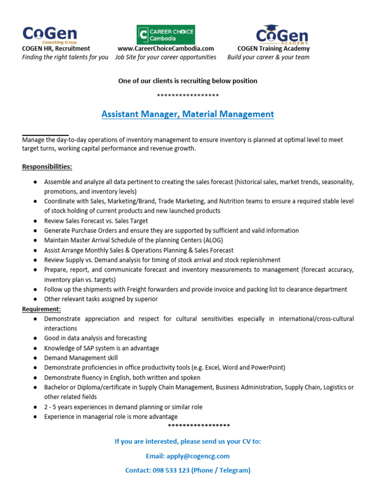 JD COGEN Assistant Manager, Material Management | PDF | Inventory ...