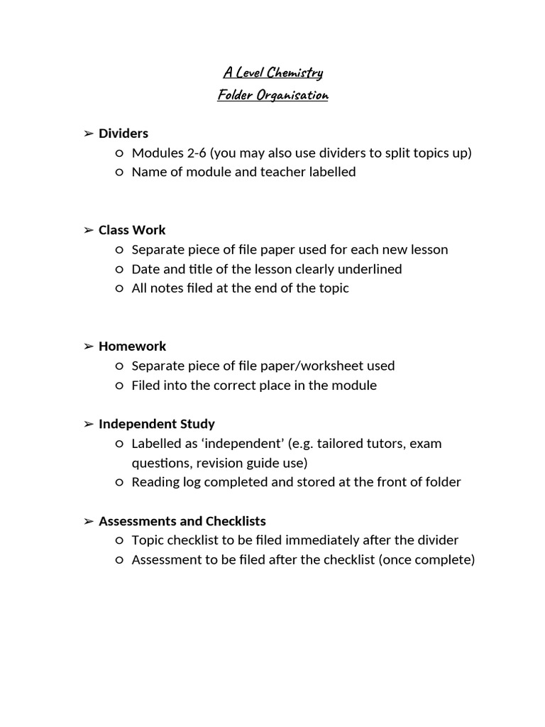 A Level Chemistry Folder Organisation | PDF