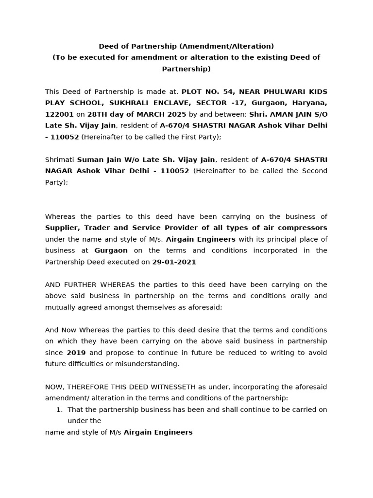 Partnership Deed Amendment Template | PDF | Partnership | Negotiable ...