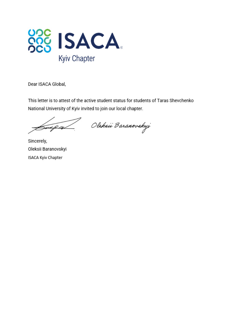 ISACA Student Status Confirmation Letter | PDF